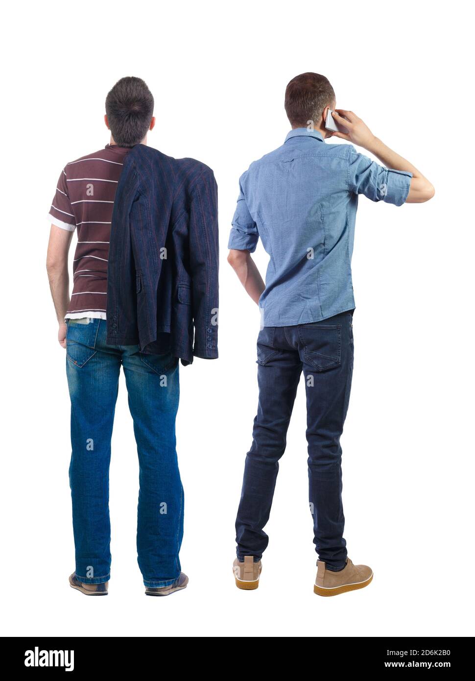 Back view of two business man in suit with mobile phone. Business team ...