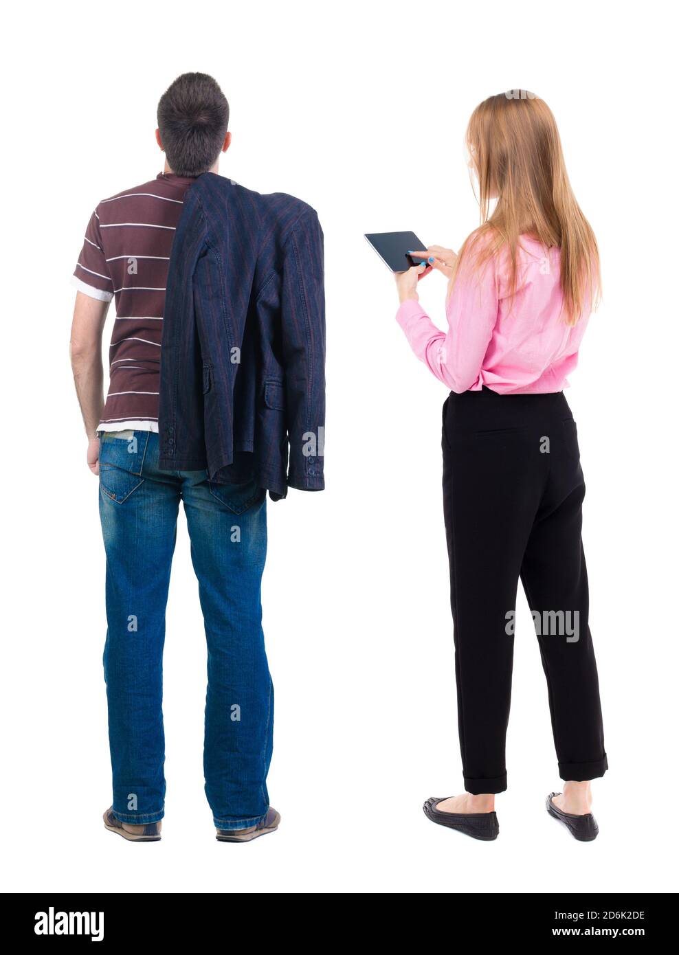 Back view of business woman and business man in suit with mobile phone ...