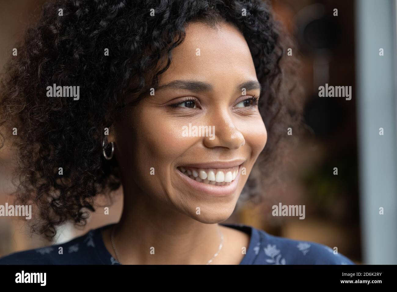 Smiling biracial woman look in distance dreaming visualizing Stock ...