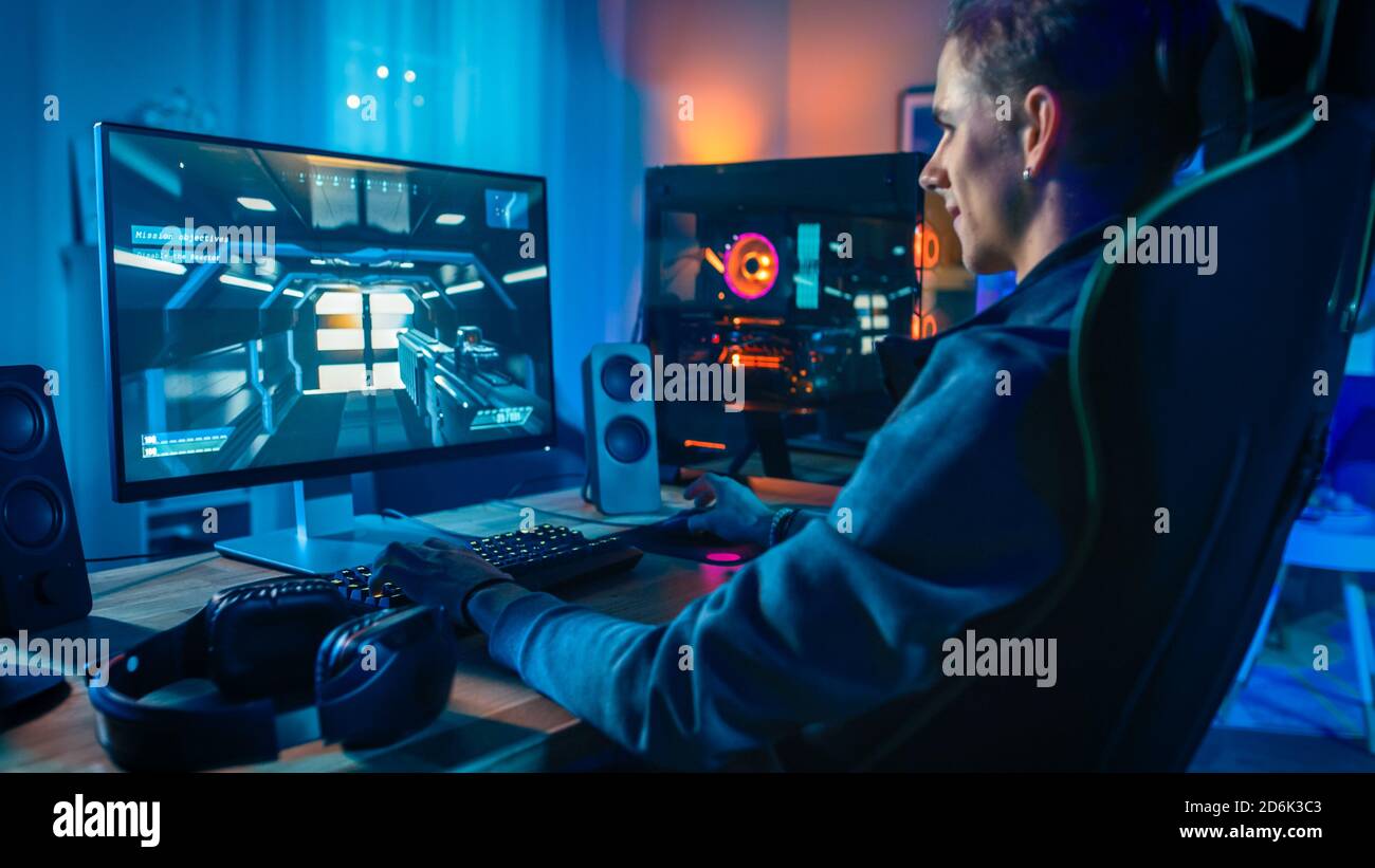 Happy Gamer Playing First-Person Shooter Online Video Game on His ...