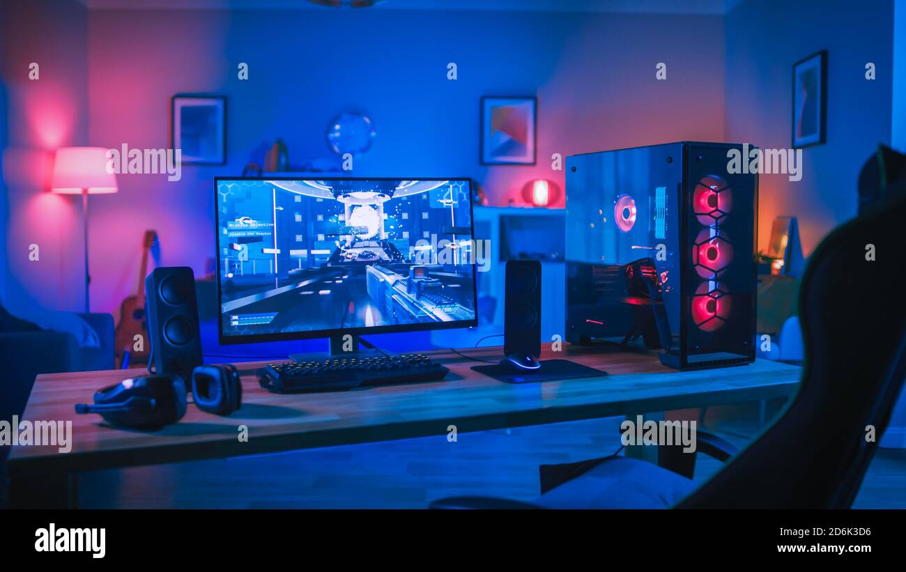 Powerful Personal Computer Gamer Rig with First-Person Shooter Game on ...