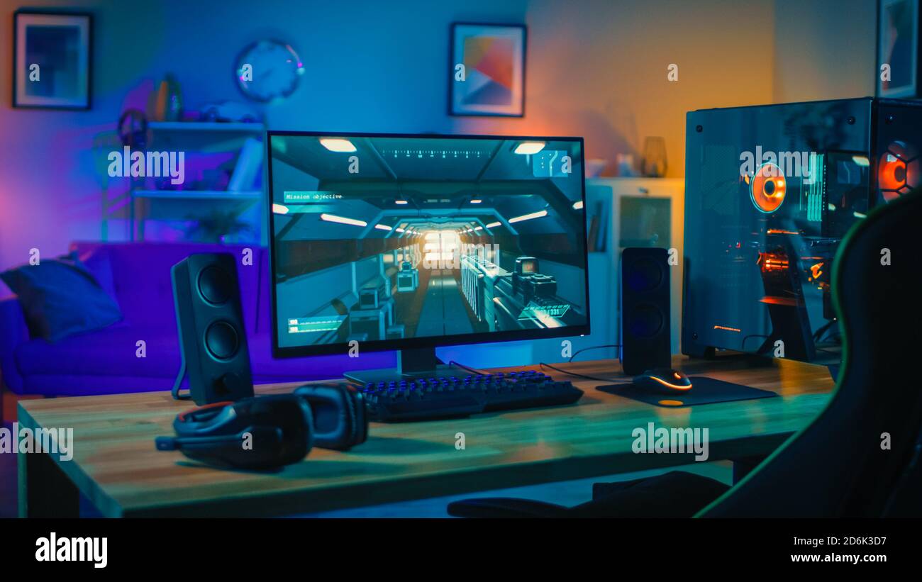 Powerful Personal Computer Gamer Rig with First-Person Shooter Game on ...