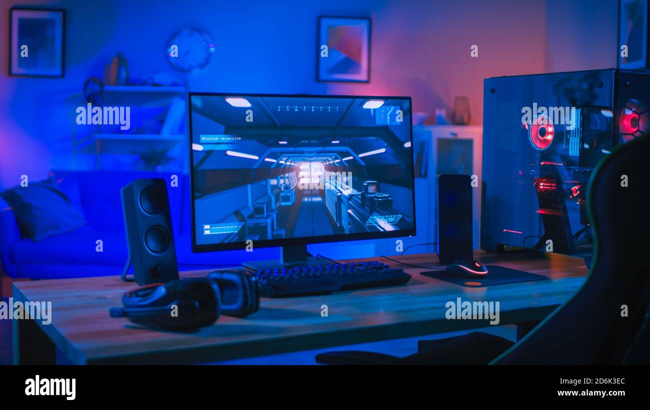Powerful Personal Computer Gamer Rig with First-Person Shooter Game on ...