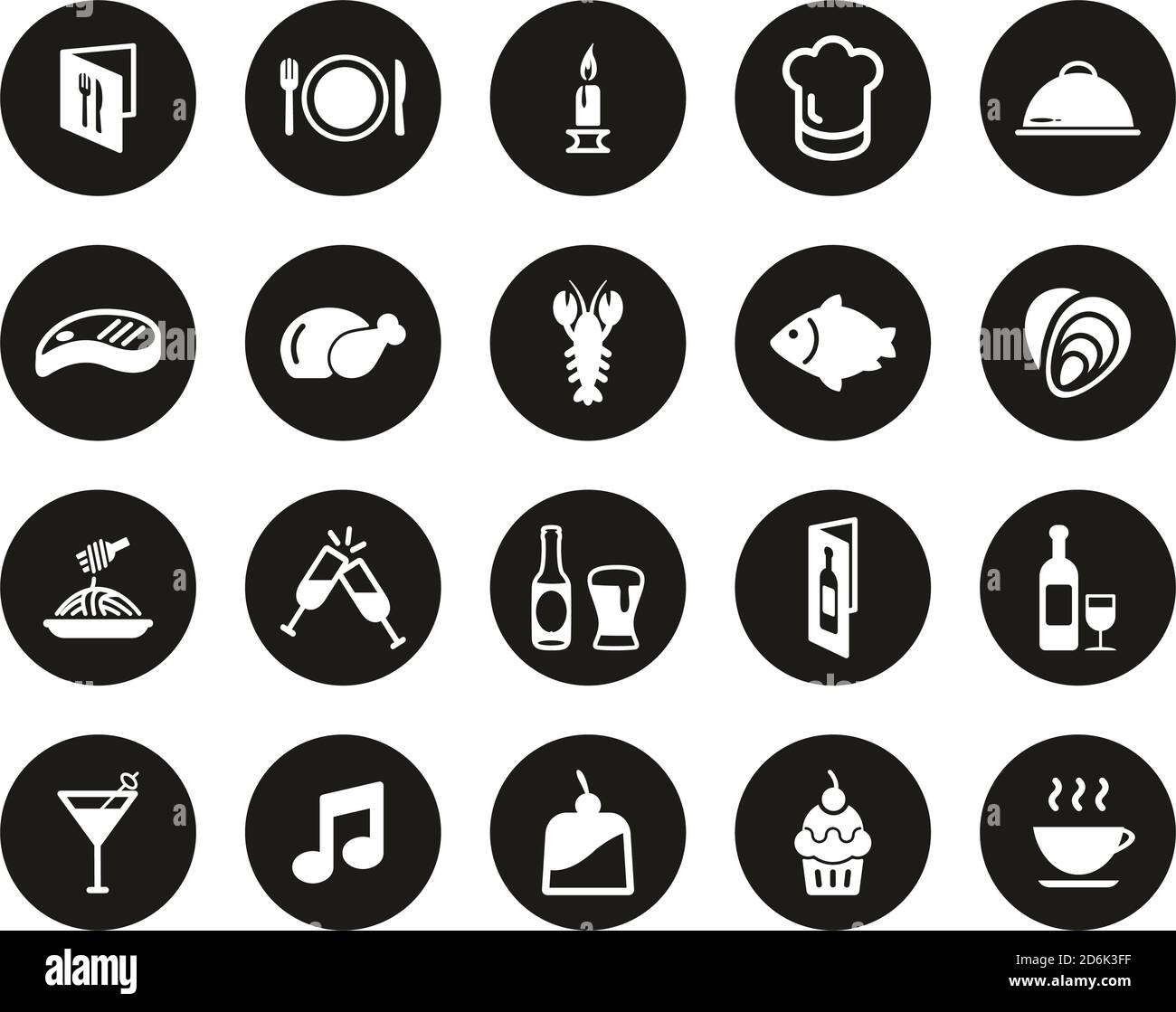 Dinner Or Romantic Dinner Icons White On Black Flat Design Circle Set ...