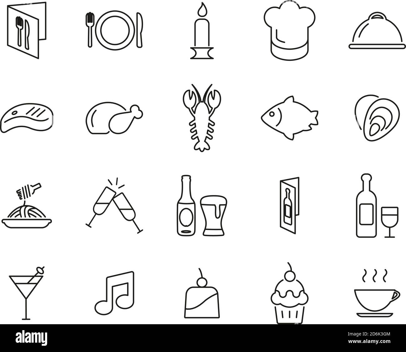 Dinner Or Romantic Dinner Icons Black & White Thin Line Set Big Stock ...