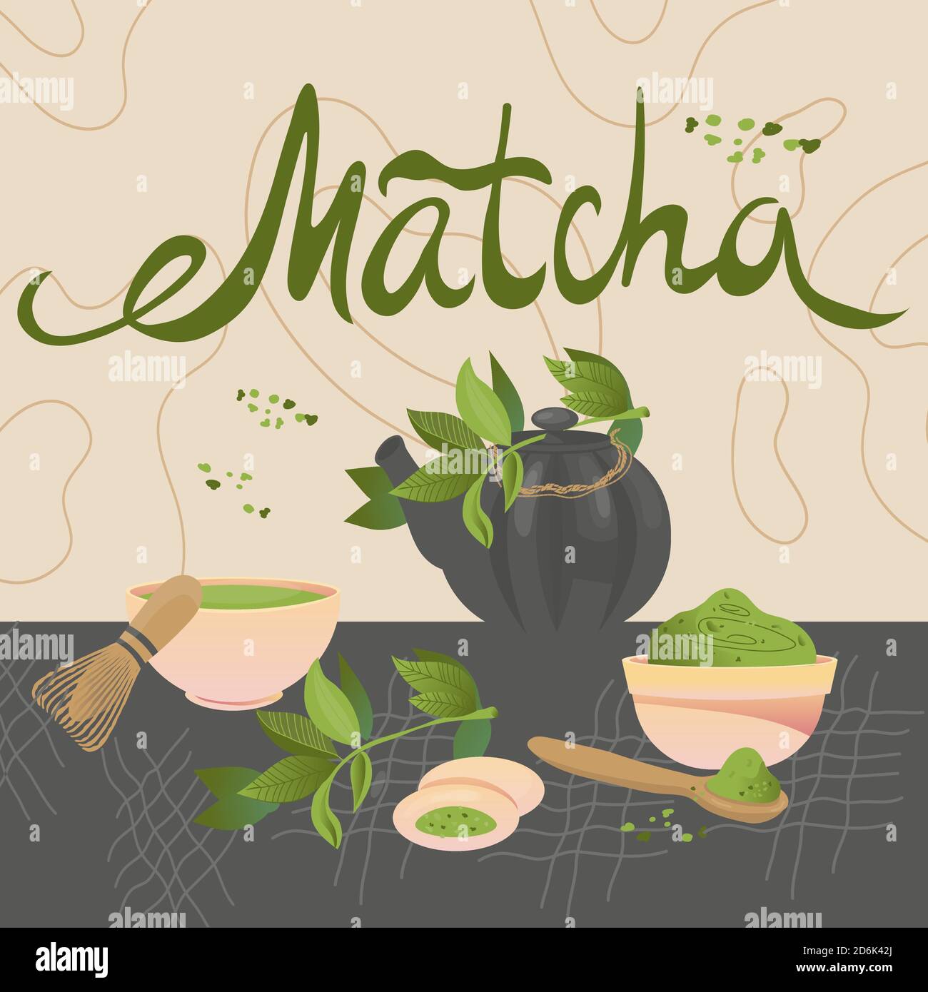 Matcha green tea card with teapot and sweet cookies, flat vector ...