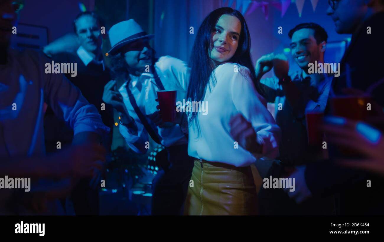 At the Club Party: Diverse Group of Friends Have Fun, Dance, Jump ...