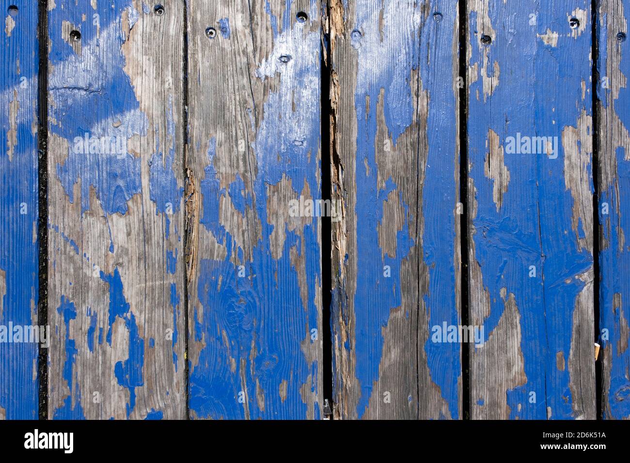 Corroded and damaged seasoned blue wooden floor plank with scratch ...