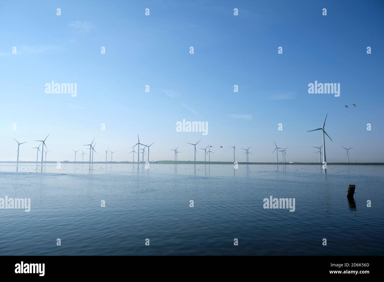 Horizontal view of tall wind-turbines along dike with blue evening sky ...