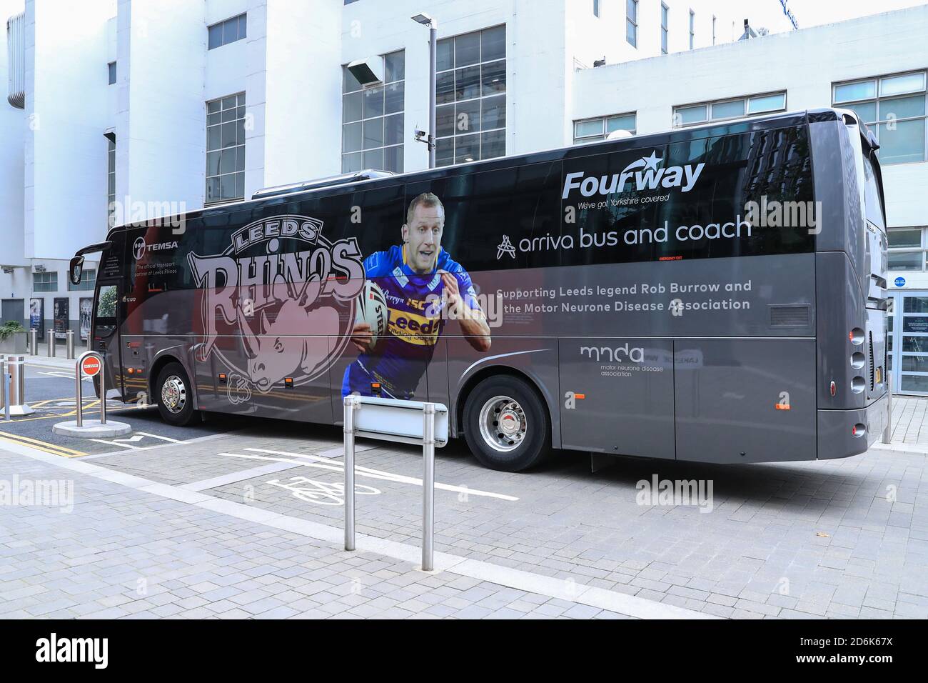Leeds Rhinos arrive at Wembley, their bus emblazoned with an image of ...