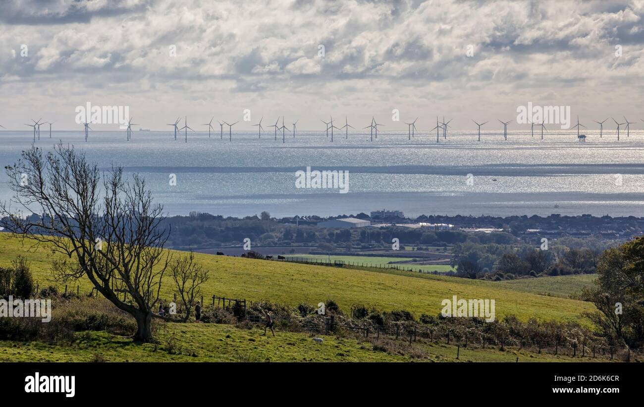 View over Wind Farms on South Coast Stock Photo - Alamy