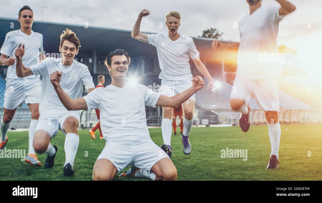 Captain of the Soccer Team Stands on His Knees Celebrates Awesome ...