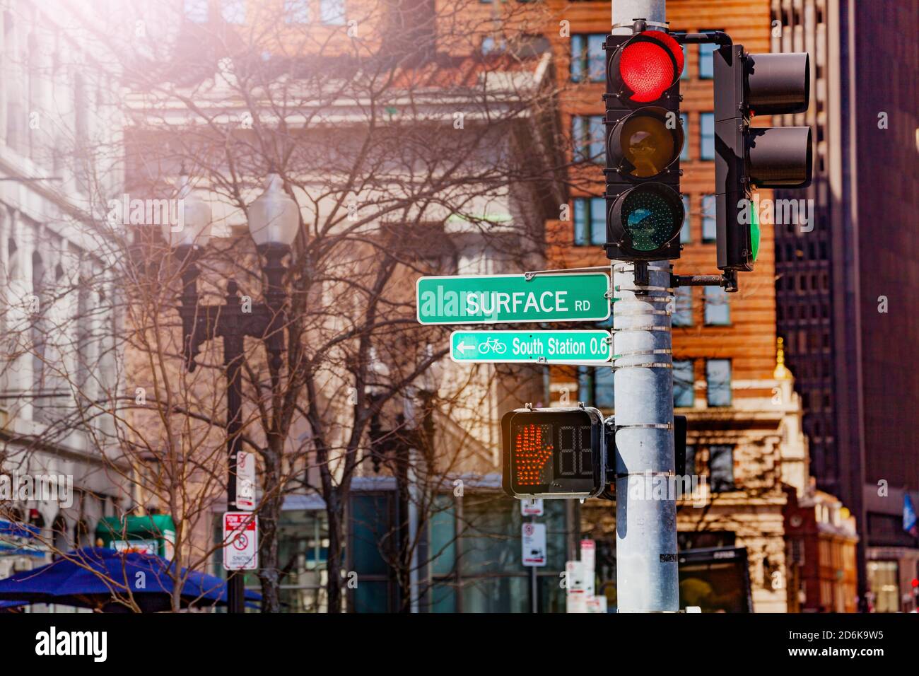 Surface road sign and traffic light in Boston downtown, Massachusetts ...