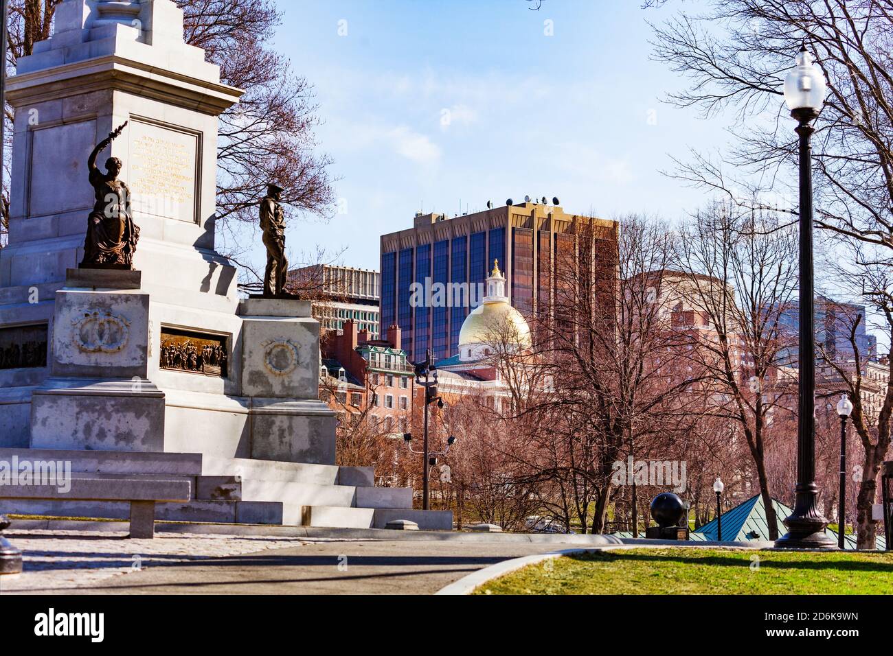 Closeup of Soldiers and Sailors Monument over Boston Common park with ...