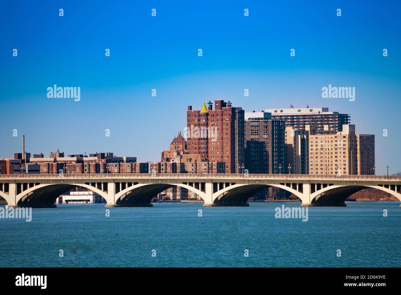 MacArthur bridge over Detroit river on sunny day from sunset point of ...