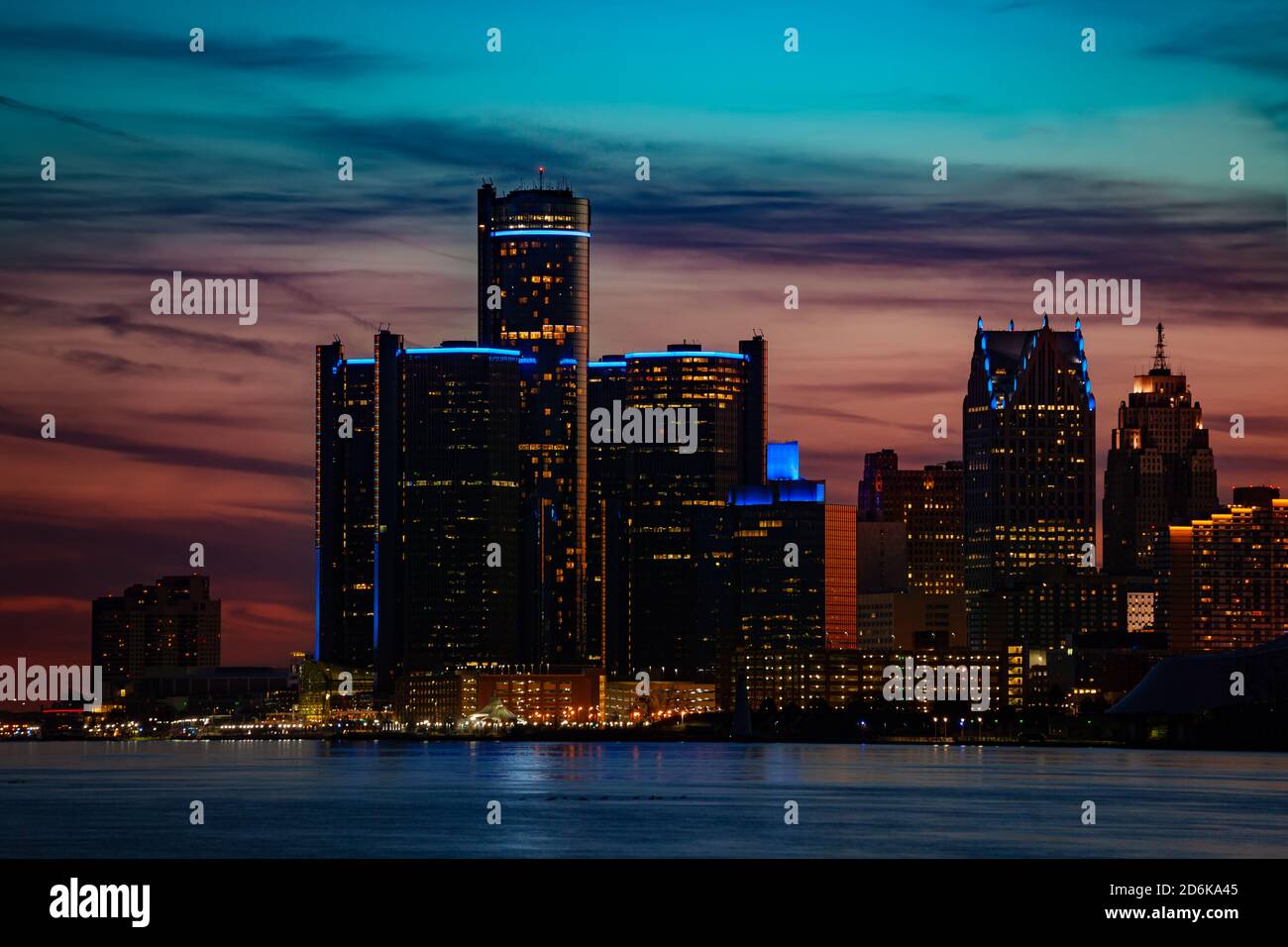Close photo of night view of Detroit downtown skyscrapers and river ...