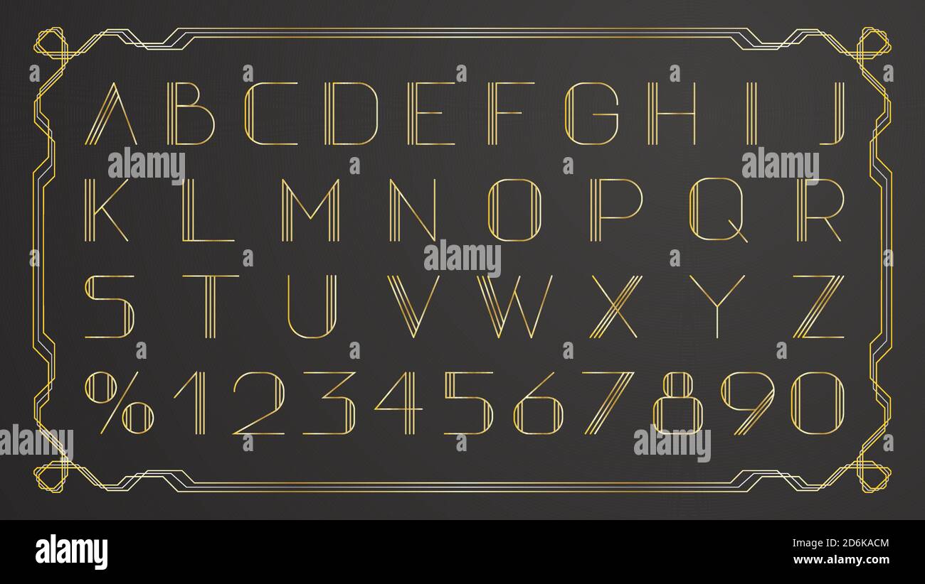 Retro gold thin retro font on black background. Vintage vector gold ...