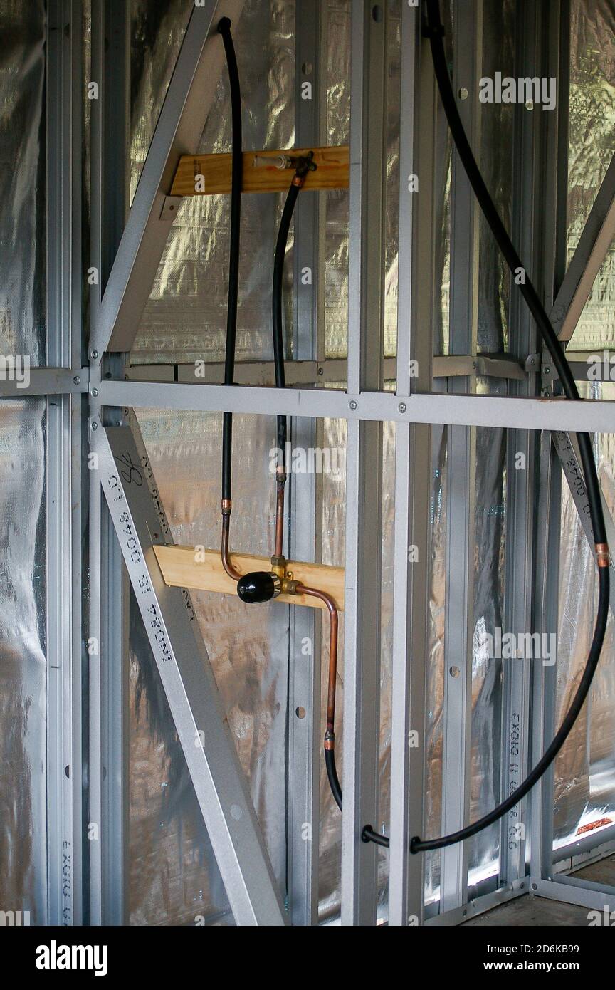 New house build using a steel frame. Plumbing connections for a shower ...