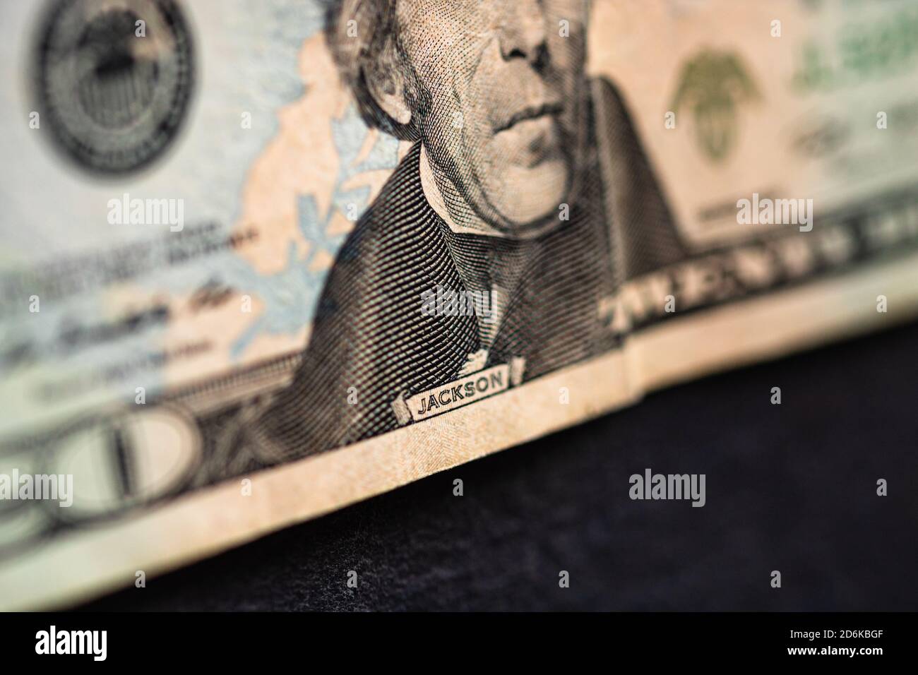 Selective focus on detail of 20 dollars banknote. Close up macro detail ...