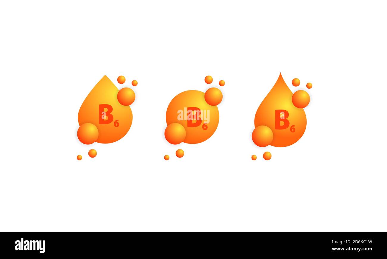 Vitamin B6 icon set. Shining golden drop of substance. Beauty treatment ...