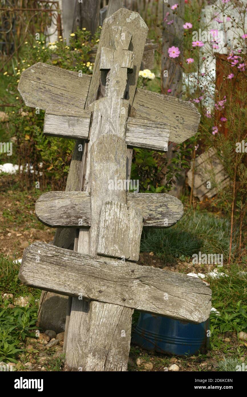 Old wooden crosses in a cemetery in Romania's countryside Stock Photo ...