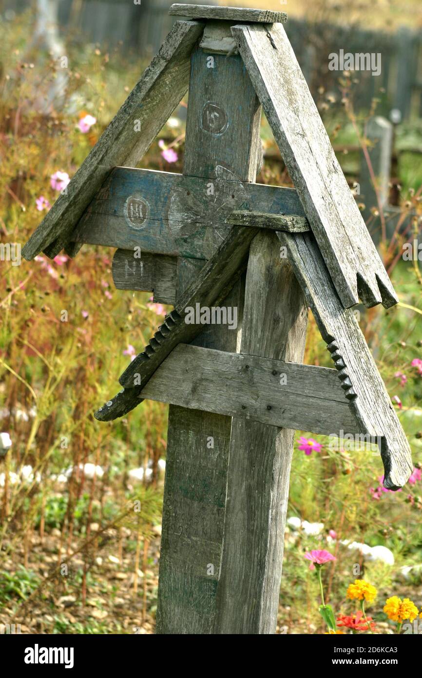 Old wooden crosses in a cemetery in Romania's countryside Stock Photo ...