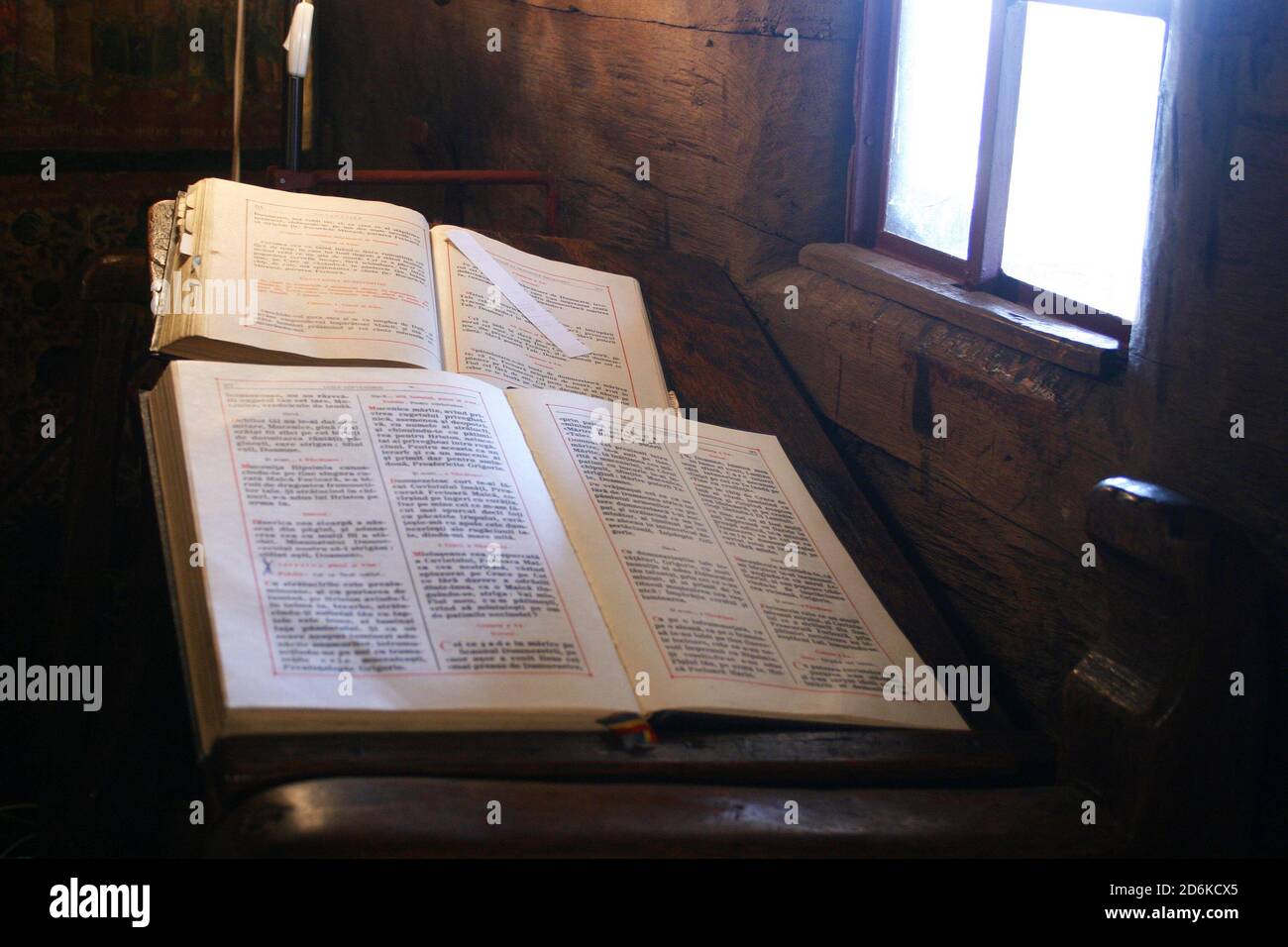 Religious books inside an old Christian Orthodox church in Romania ...