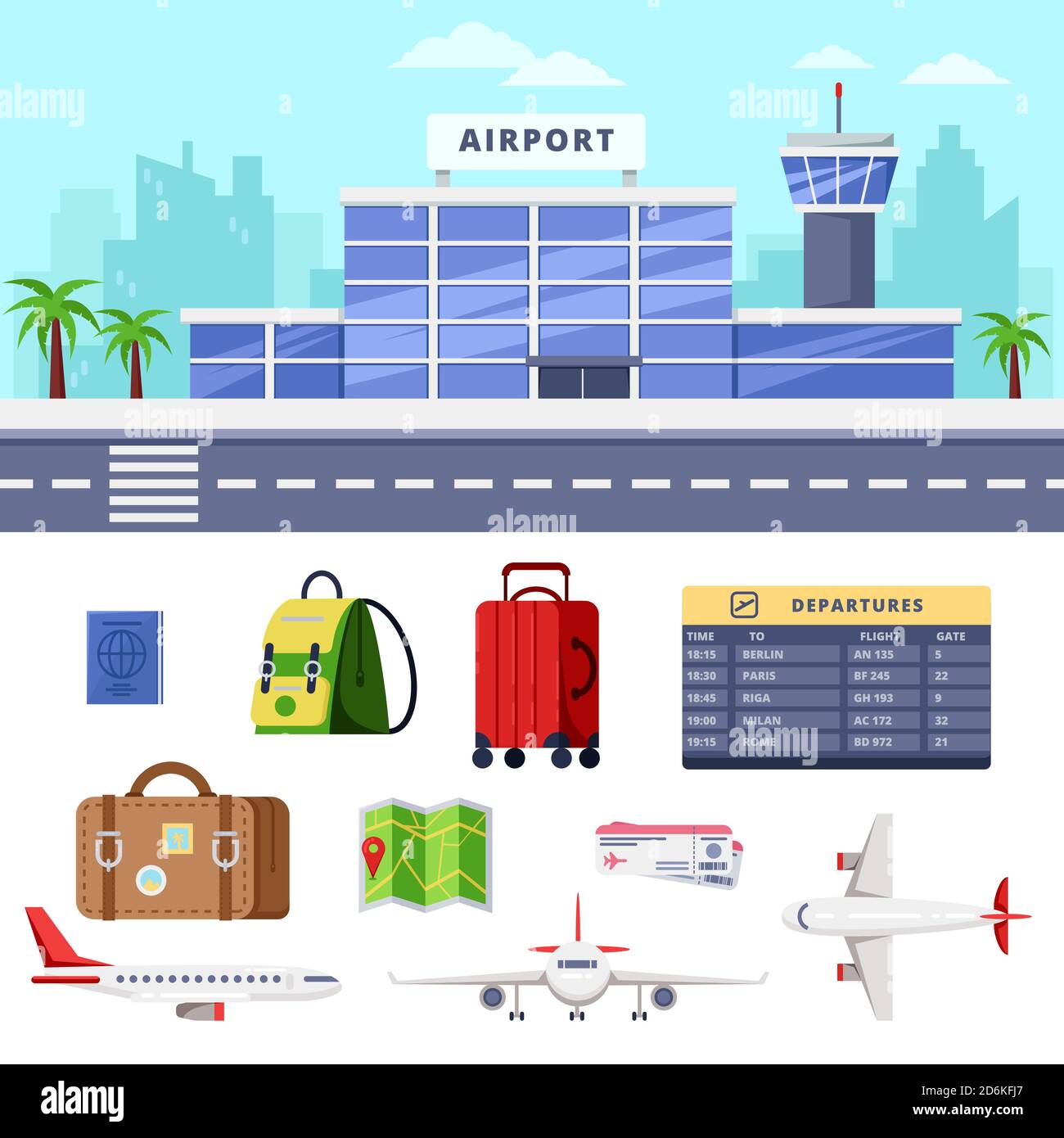 Airport terminal building, vector flat illustration. Air travel design ...