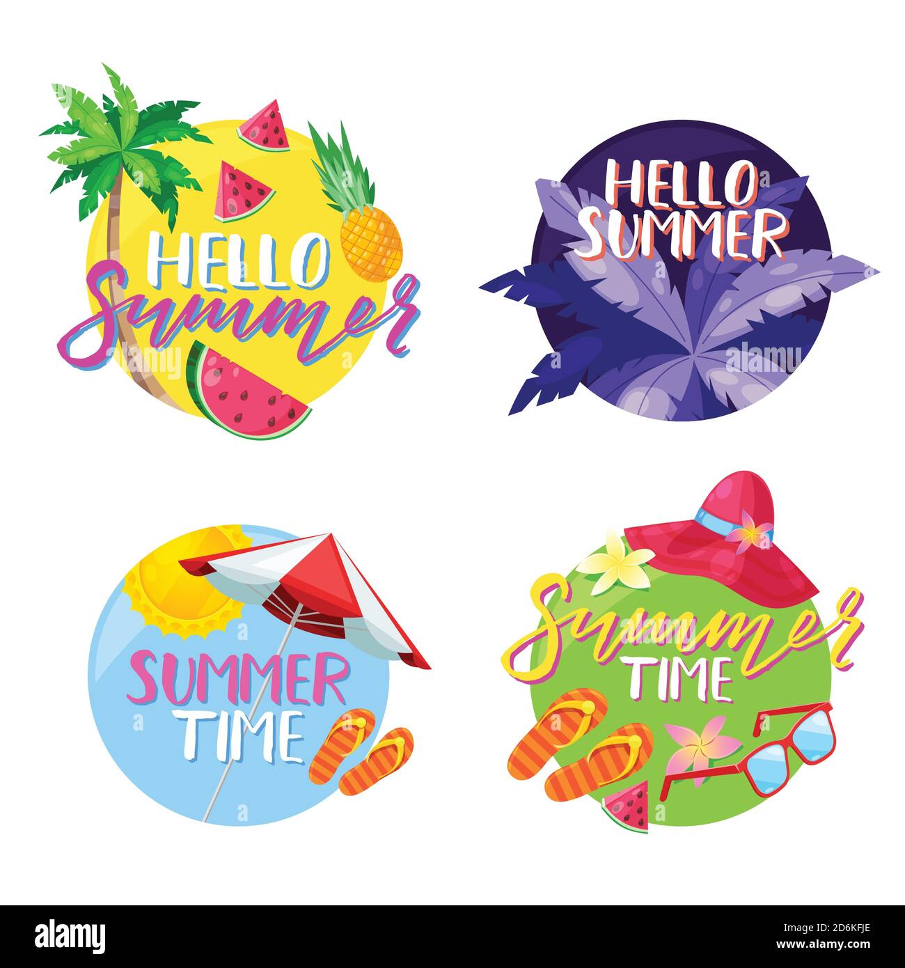 Summer labels, stickers or tags. Hello summer vector circle emblem set ...