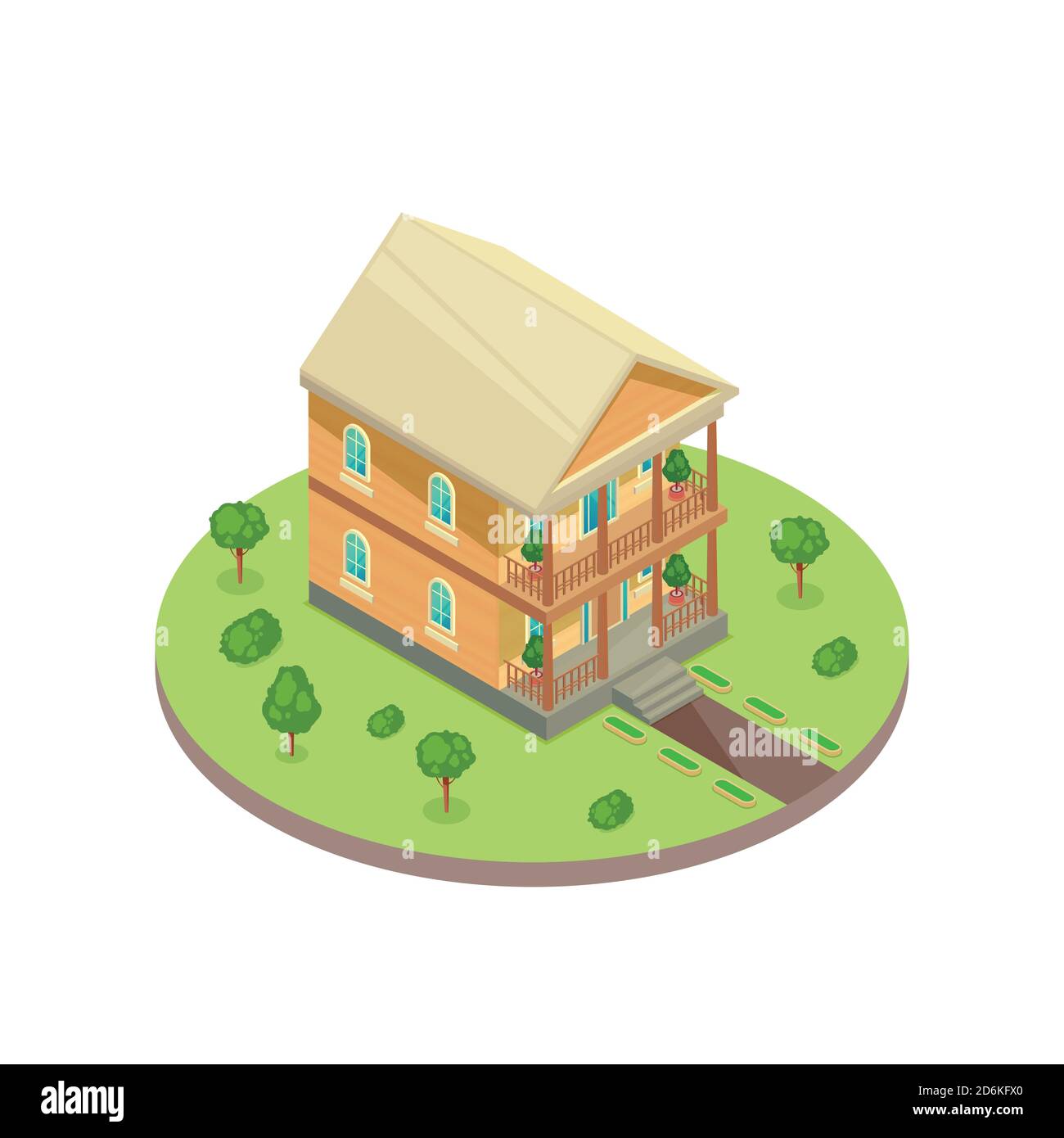 Classical 3d isometric style cottage residential house in green yard ...