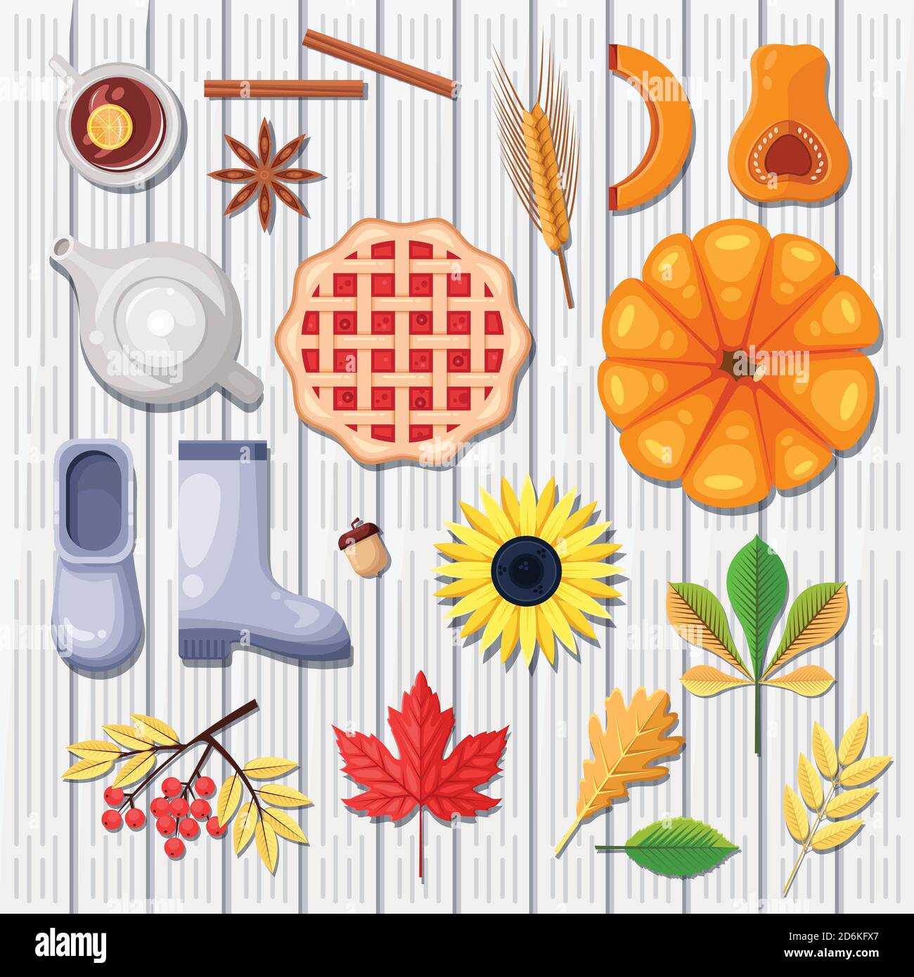 Autumn vector icons and design elements on white wooden background ...