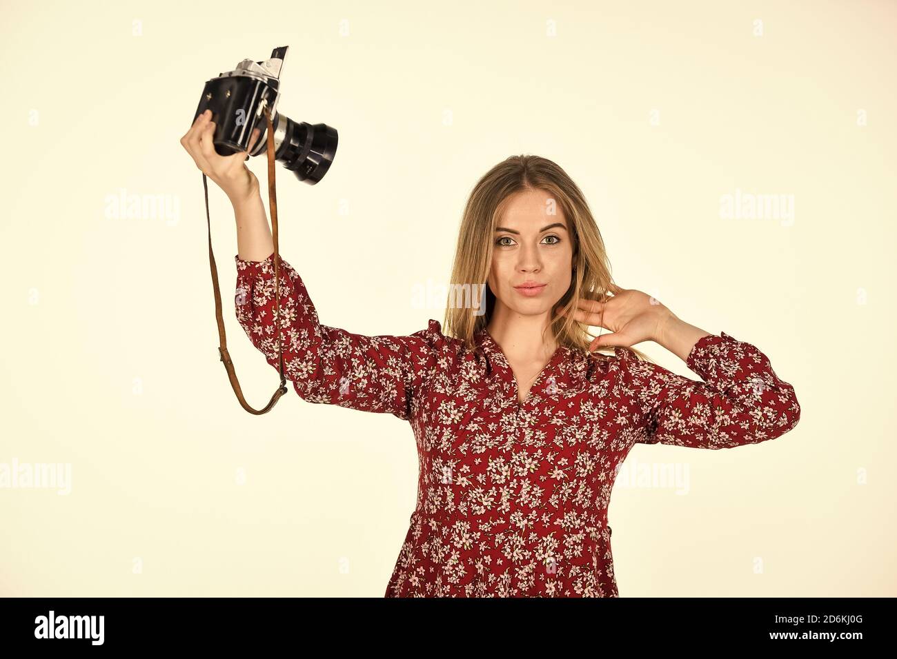 selfie time. modern technology concept. journalist. woman with retro ...