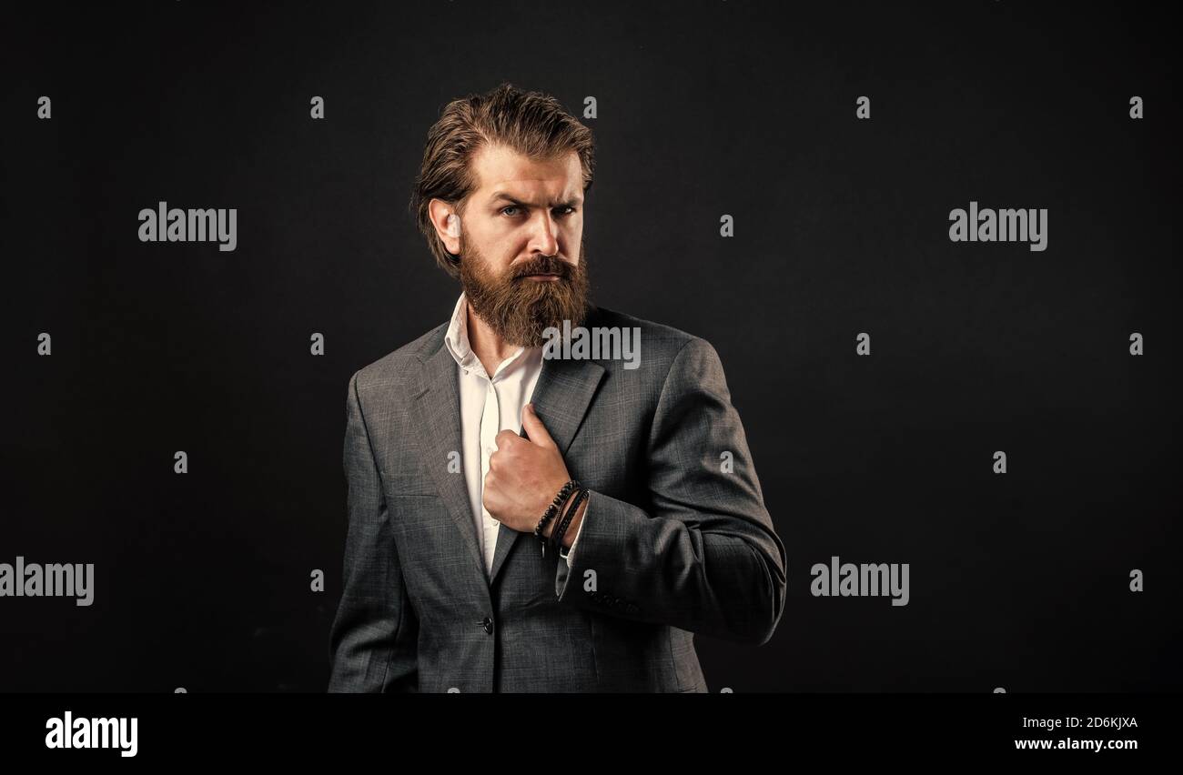 Man with beard wear grey suit corporate style, successful businessman ...