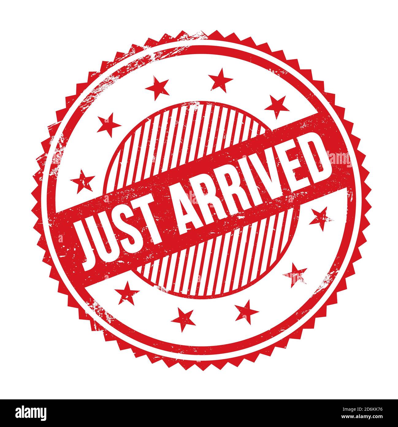 JUST ARRIVED text written on red grungy zig zag borders round stamp ...