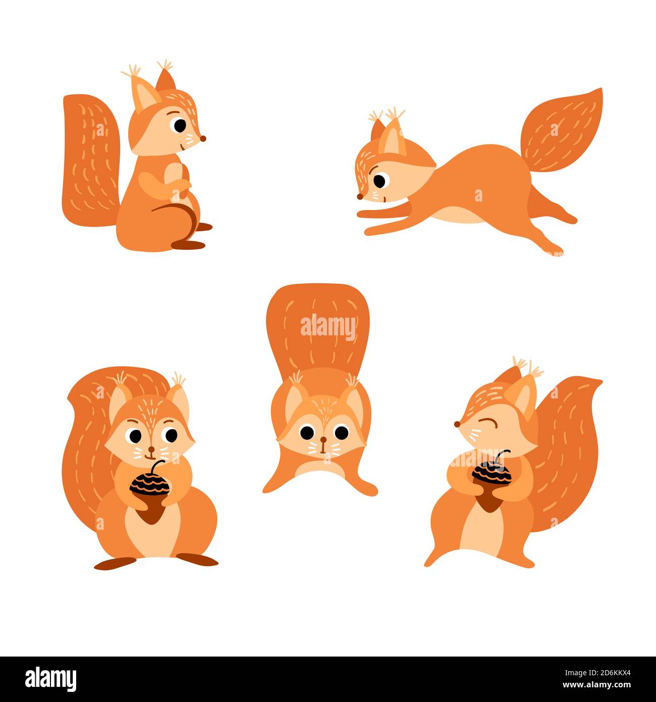 Cute Cartoon Squirrels Set Funny Woodland Character Isolated On White