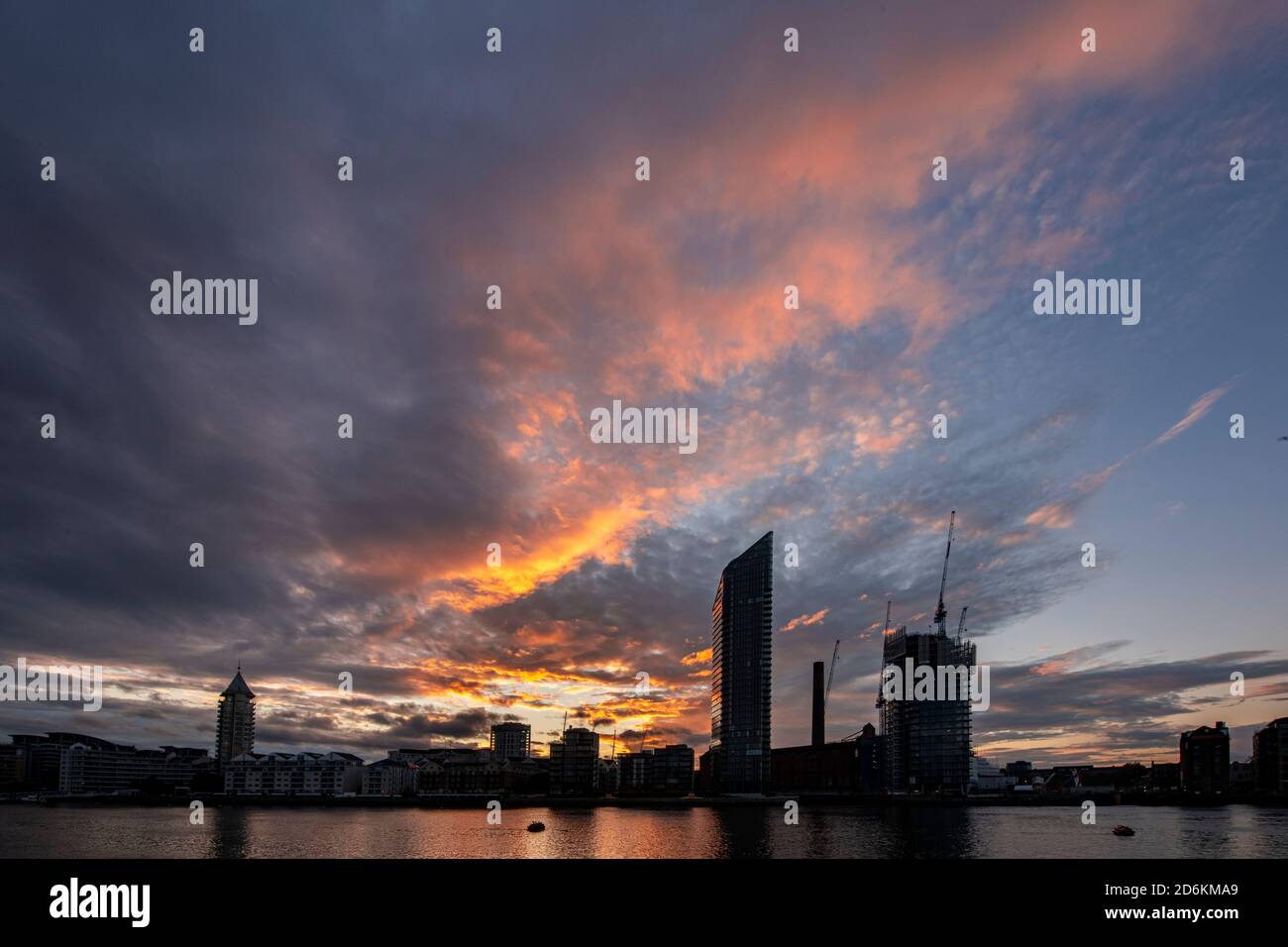 The Chelsea skyline on the River Thames at sunset with Tower West ...