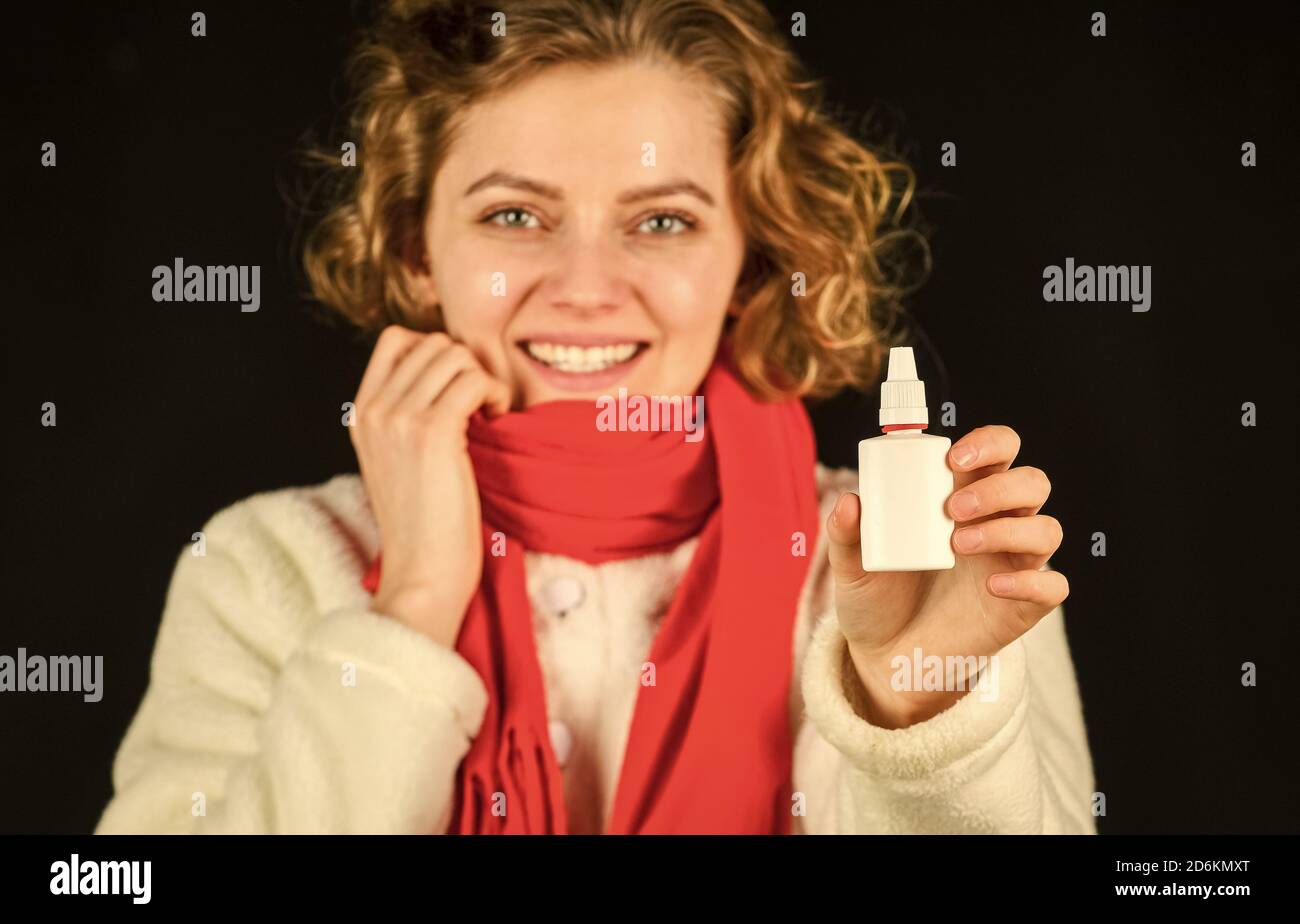 sick woman with nasal drops. influenza infection and pneumonia ...