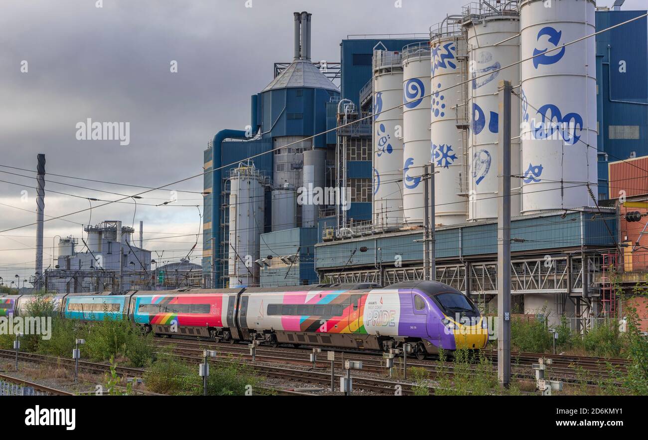 Avanti Pride Pendolino train on the West Coast Main Line. Multicoloured ...