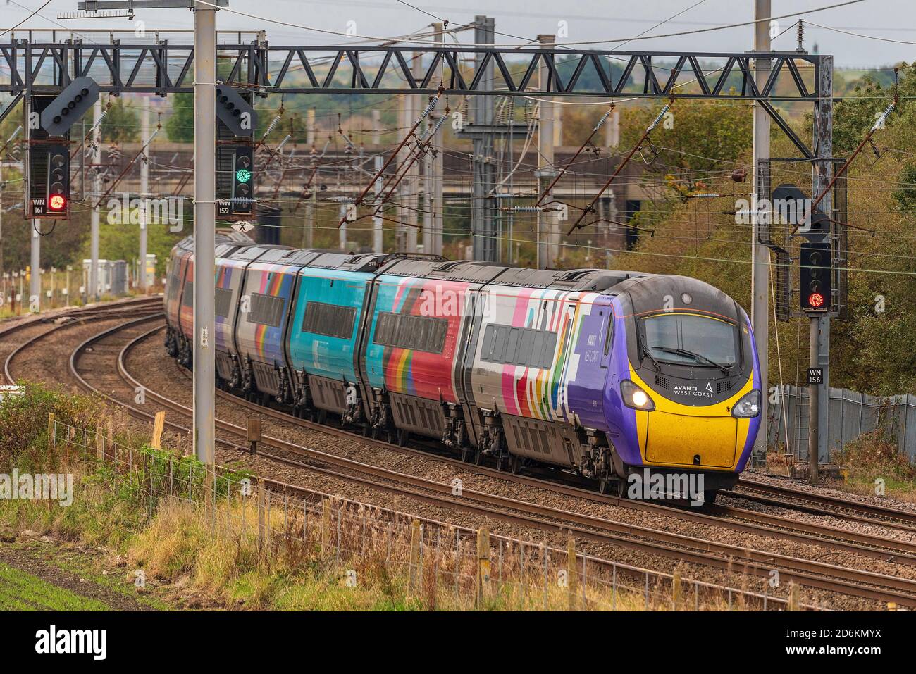 Avanti Pride Pendolino train on the West Coast Main Line. Multicoloured ...