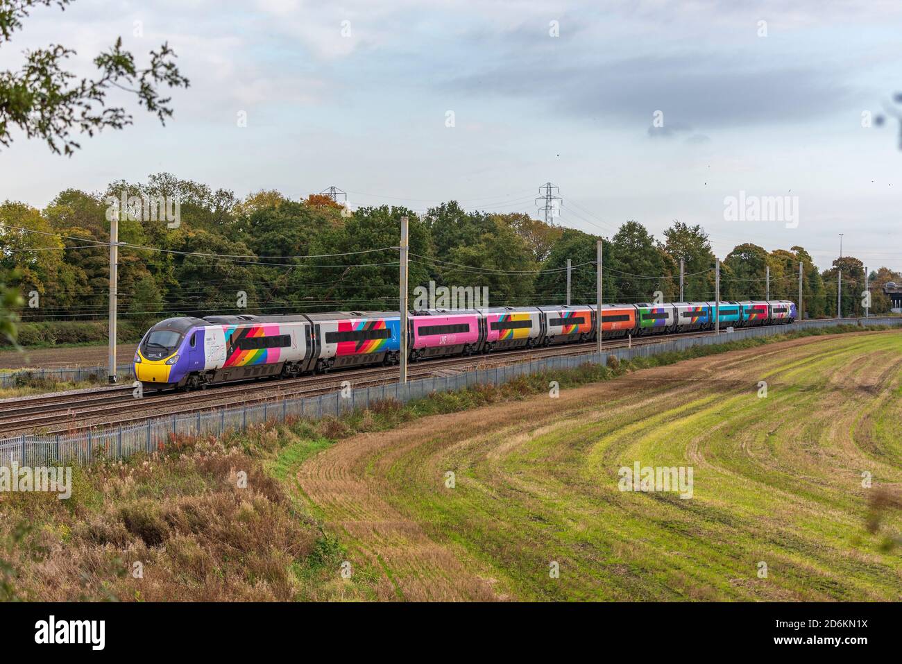 Avanti Pride Pendolino train on the West Coast Main Line. Multicoloured ...