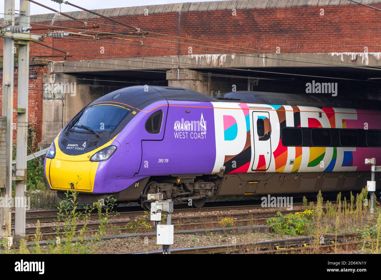 Avanti Pride Pendolino train on the West Coast Main Line. Multicoloured ...