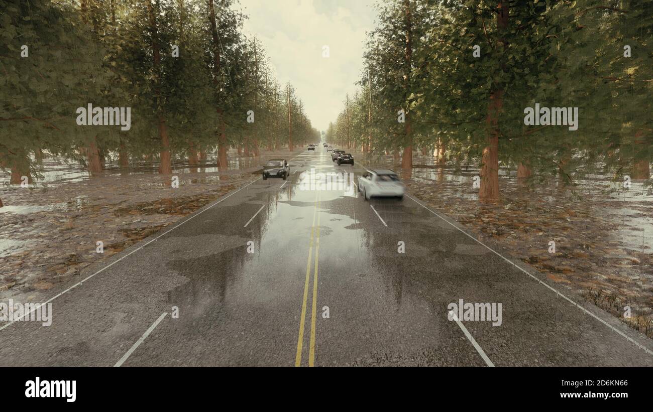Road traffic during rain Rush hour 3d rendering Stock Photo - Alamy