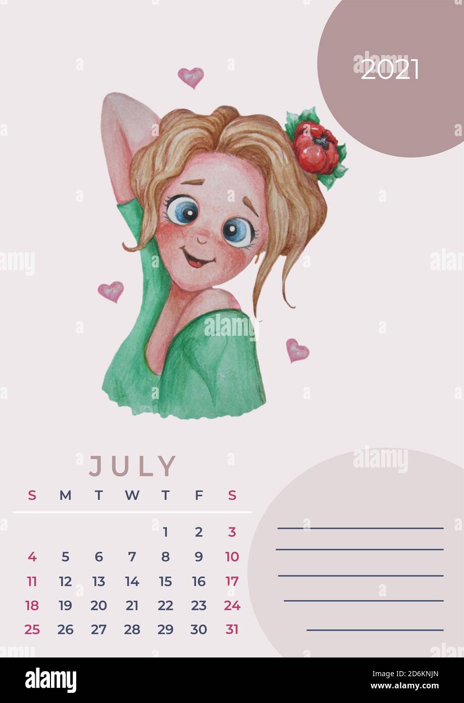 Calendar 2021 watercolor. Template for July. Watercolor drawing. a cute ...