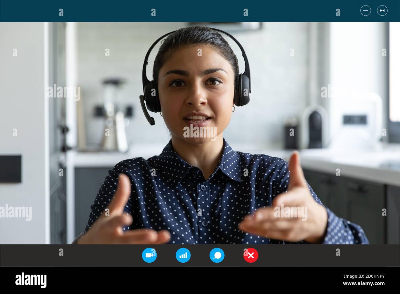 Head shot portrait screen view Indian businesswoman wearing headset ...