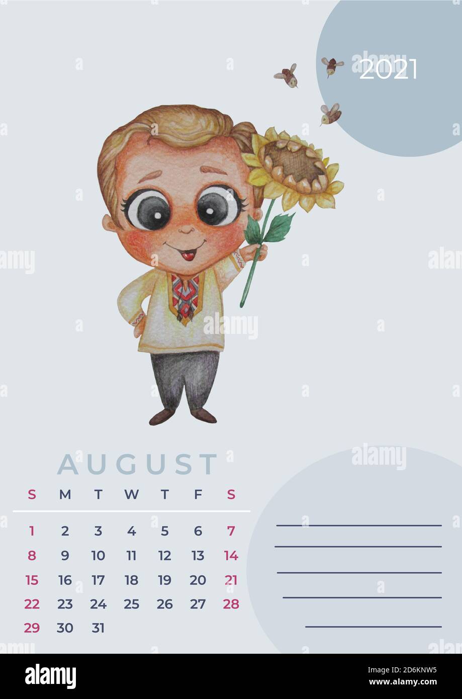 Calendar 2021 watercolor. Template for August. Watercolor drawing ...