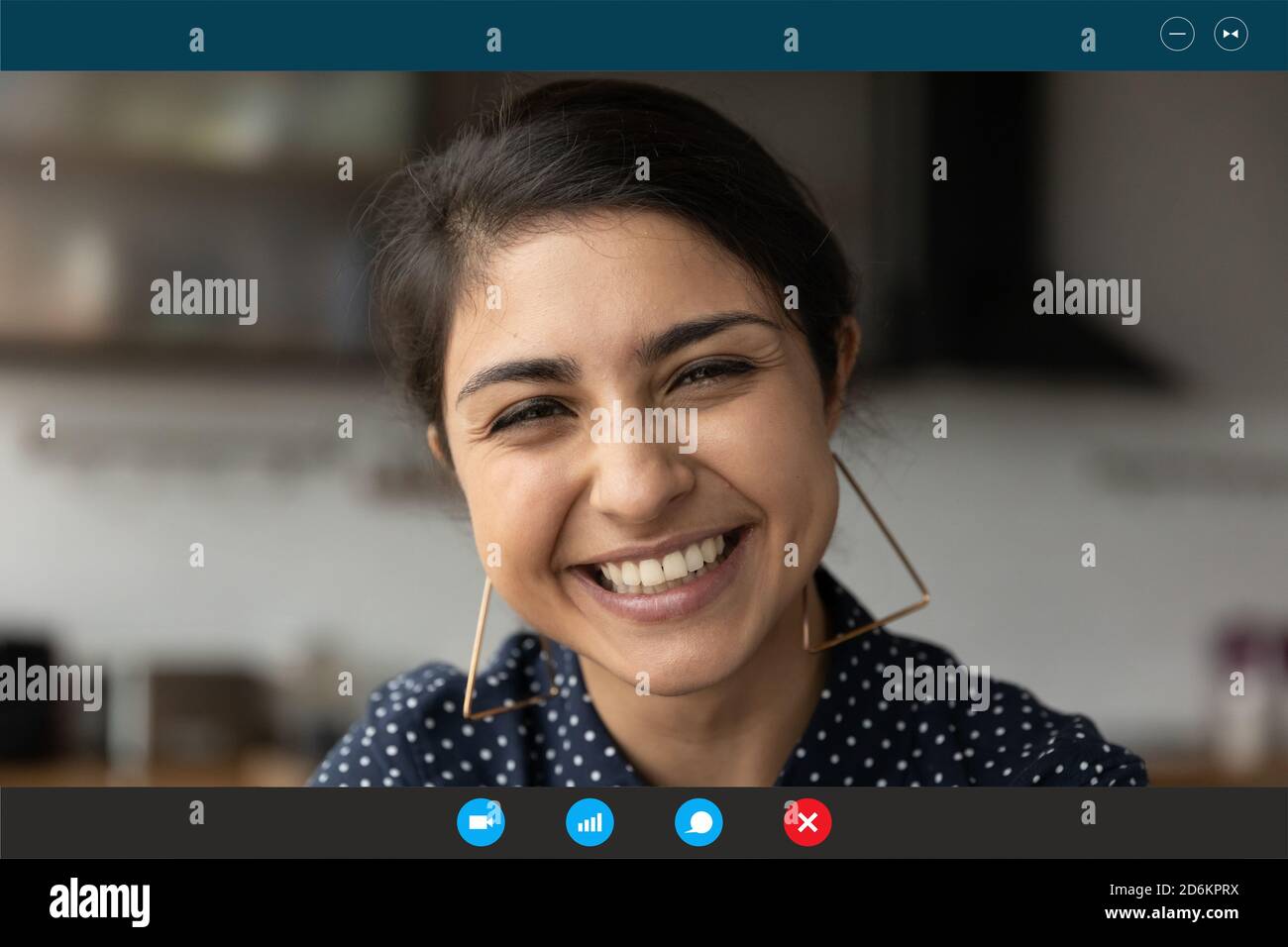 Head shot portrait screen view smiling Indian woman chatting online ...