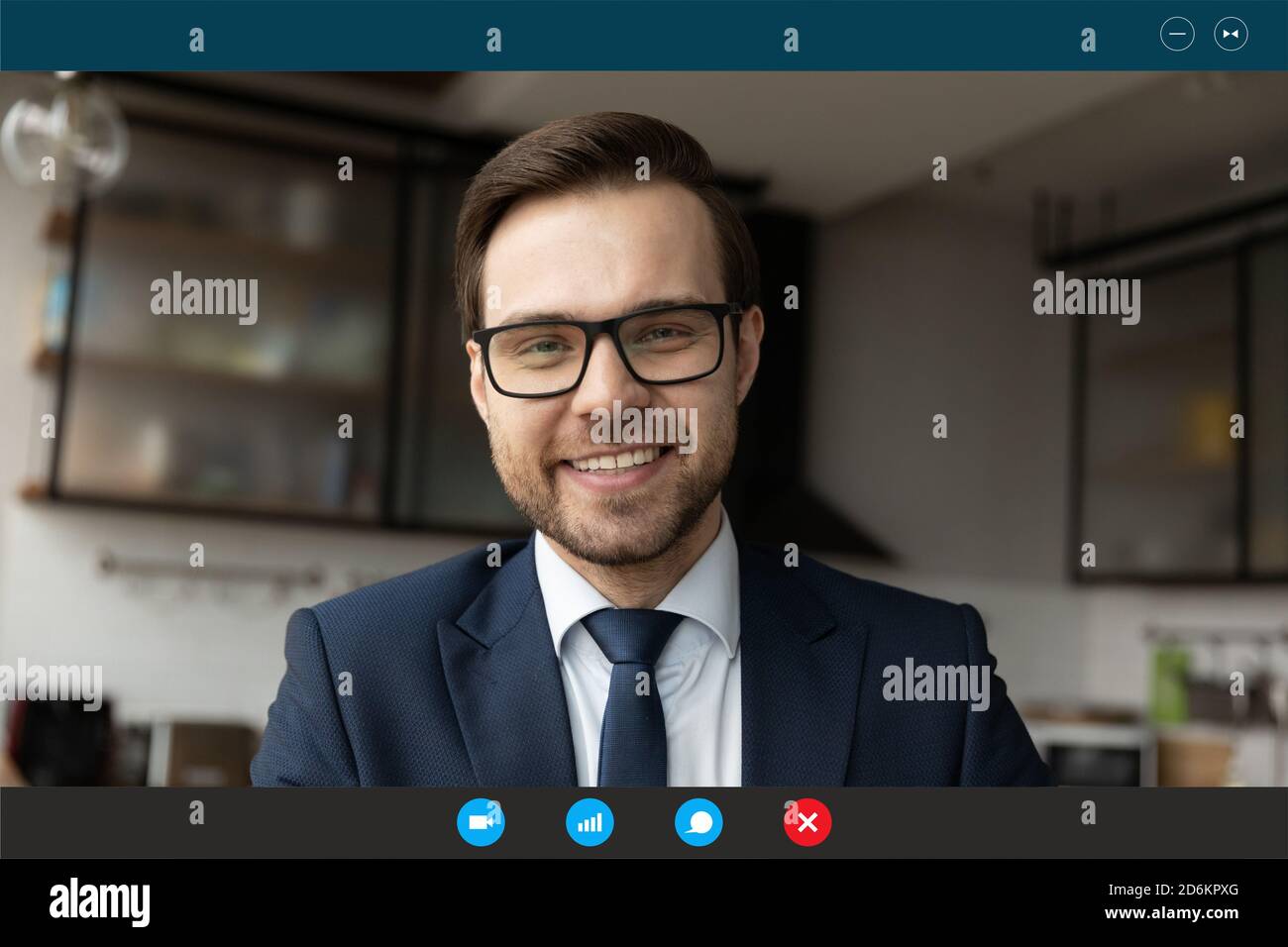 Head shot portrait screen view confident businessman making video call ...