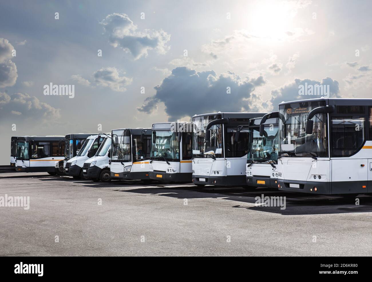 big tourist buses on parking on the background of cloudy sky Stock ...