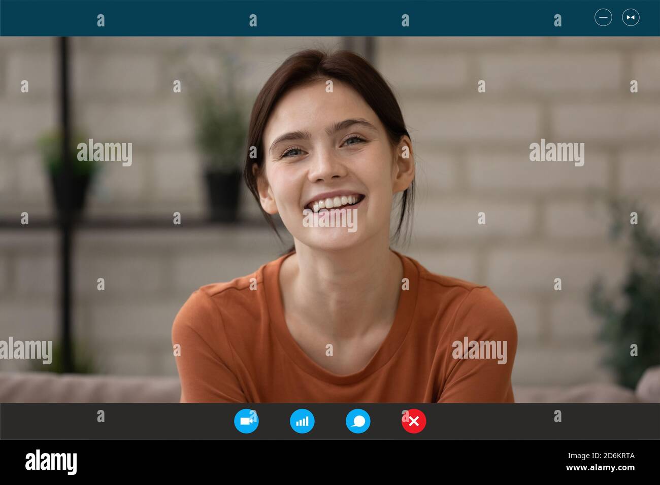 Head shot portrait screen view smiling young woman chatting online ...