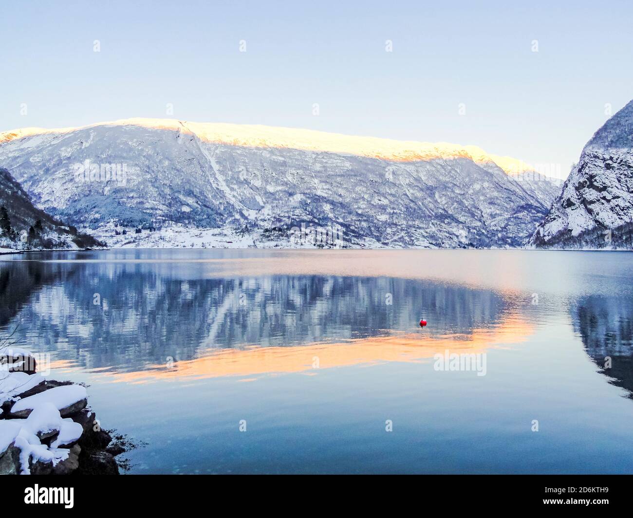 Winter landscape at the frozen fjord lake river in Framfjorden ...